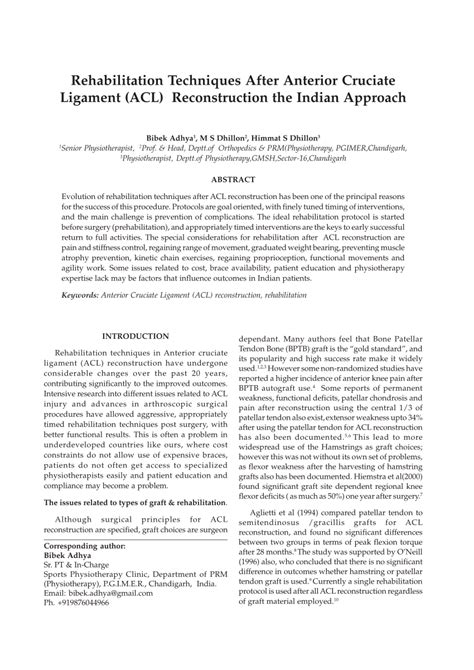 Pdf Rehabilitation Techniques After Anterior Cruciate Ligament Acl Reconstruction The Indian