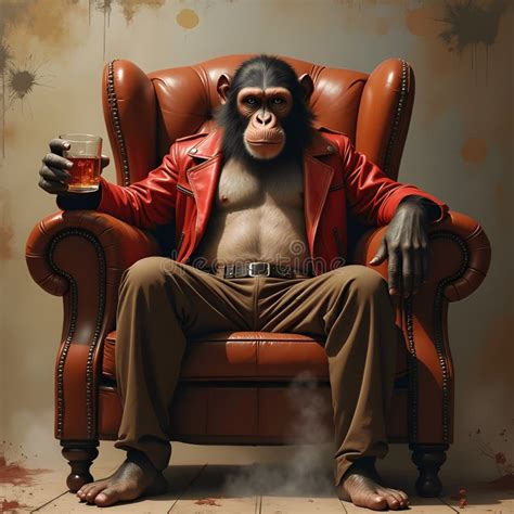 Relaxed Chimpanzee In Red Leather Jacket Toasting With Whiskey In Smoky