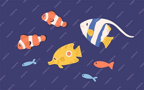 작고 밝은 해양 물고기 세트 바다와 바다 수중 동물군의 컬렉션입니다 열 대 수중 생물의 유치 한 색된 평면 만화 벡터
