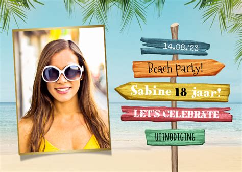 Uitnodigingskaart Beach Party Zomer Wegwijzers Kaartje2go
