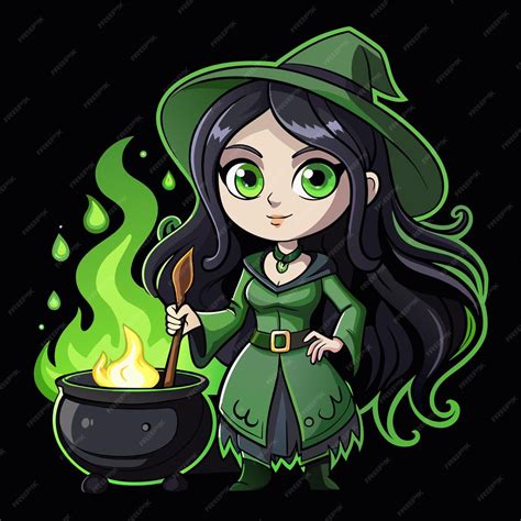 Premium Vector Witch With Spell And Black Magic Pot Hand Drawn Mascot