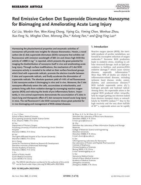 Red Emissive Carbon Dot Superoxide Dismutase Nanozyme For Bioimaging And Ameliorating Acute Lung