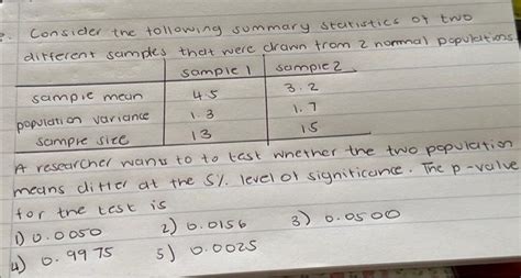 solved consider the following summary statistics of two a