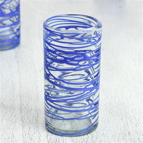 Unicef Market Six Blue Swirl Hand Blown 11 Oz High Ball Glasses Sapphire Web