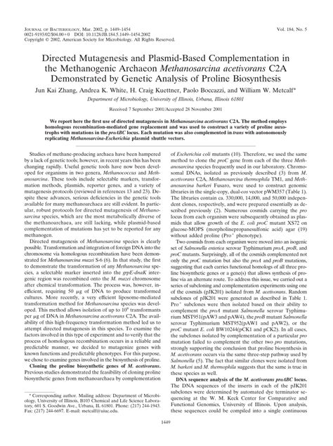 Pdf Directed Mutagenesis And Plasmid Based Complementation In The Methanogenic Archaeon