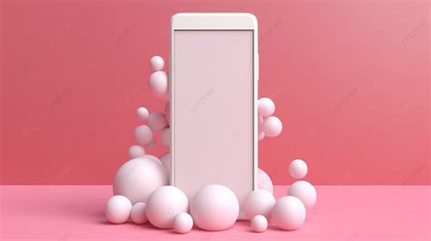 빈 흰색 화면이 있는 모형 전화를 특징으로 하는 구체가 있는 분홍색 배경의 3d 렌더링 스마트폰 3d 전화 3d 모바일