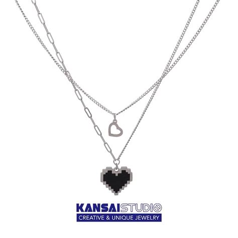 Kansai黑色馬賽克愛心像素桃心吊墜雙層疊帶項鍊ins冷淡風嘻哈潮 蝦皮購物