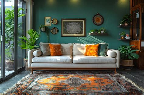 Emerald Green Living Room Design Trendy Cozy And Minimalistic Stock Illustration
