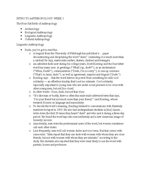 Anthro Notes Week 1 Intro To Anthropology Week 1 The Four Subfields Of Anthropology