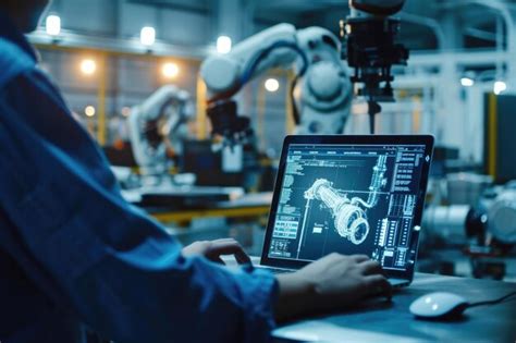 Premium Photo Automation Engineer Programs Robotic Arm For Factory