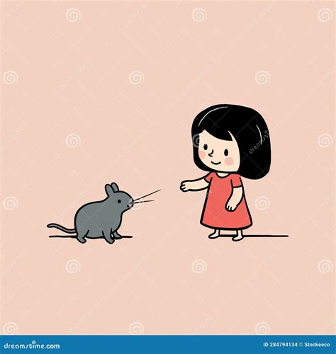 Minimalistic Thai Art Girl And Rat Illustration By Jean Jullien Stock