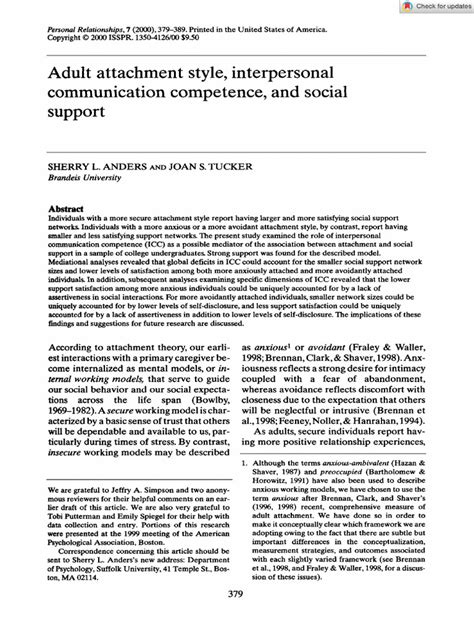 Personal Relationships 2005 Anders Adult Attachment Style Interpersonal Communication