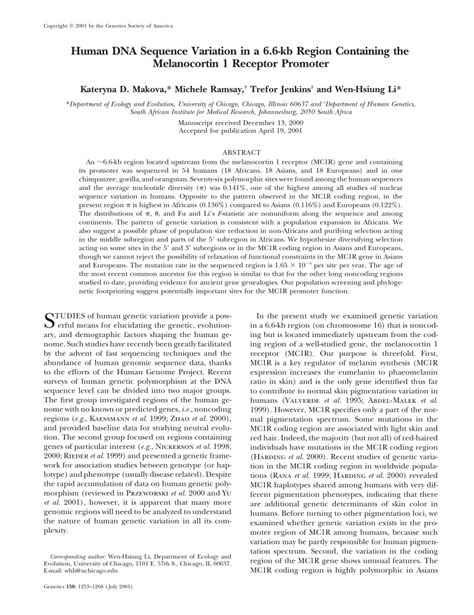 Pdf Human Dna Sequence Variation In A 66 Kb Region Containing The Melanocortin 1 Receptor