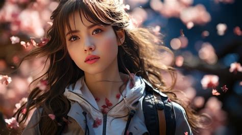 Premium Photo Japanese Schoolgirl Reaching For Falling Sakura Blossoms