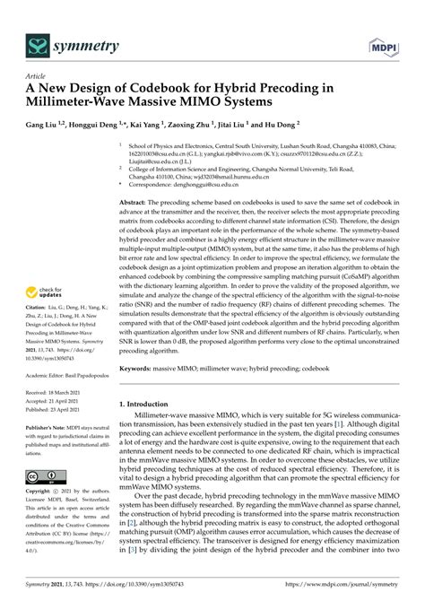 Pdf A New Design Of Codebook For Hybrid Precoding In Millimeter Wave