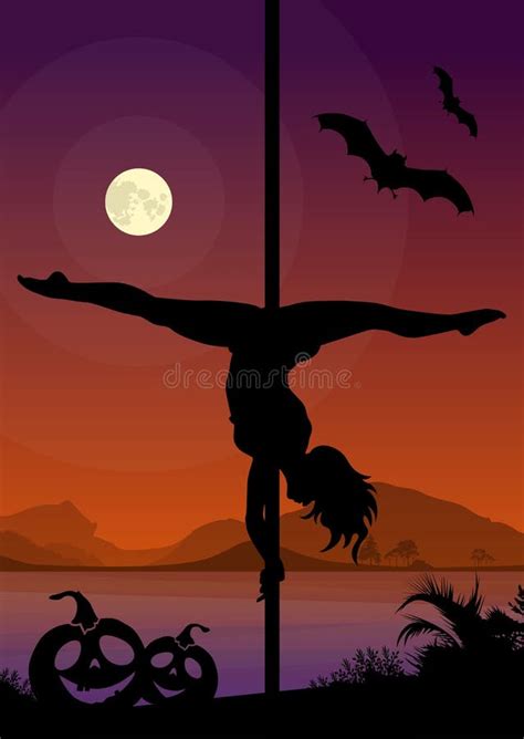 Black Silhouette Of Female Pole Dancer Performing Pole Moves In Front