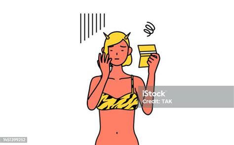 일본 전통 행사 2월의 세츠분 호랑이 무늬 바지를 입은 붉은 오우거 여성이 통장을 보고 우울함을 느낀다 2월에 대한 스톡 벡터