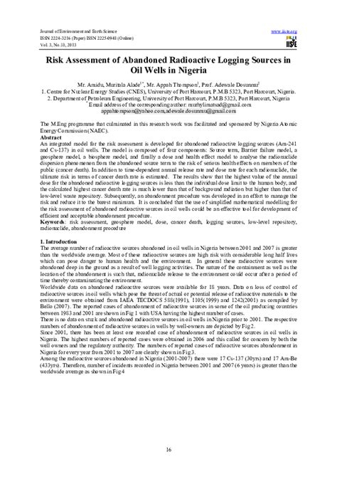 Pdf Risk Assessment Of Abandoned Radioactive Logging Sources In Oil Wells In Nigeria