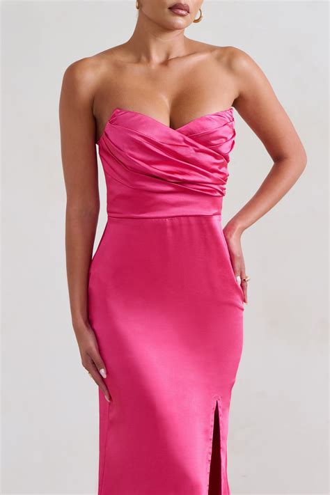 Coraline Hot Pink Strapless Maxi Dress With Split Club L London Uk