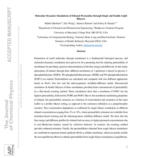Pdf Molecular Dynamics Simulations Of Ethanol Permeation Through Single And Double Lipid Bilayers