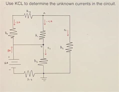 use kcl to determine the unknown currents in the