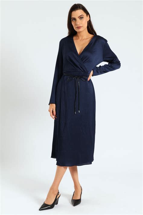 Wrap Crinkle Satin Midi Dress Navy Edgars