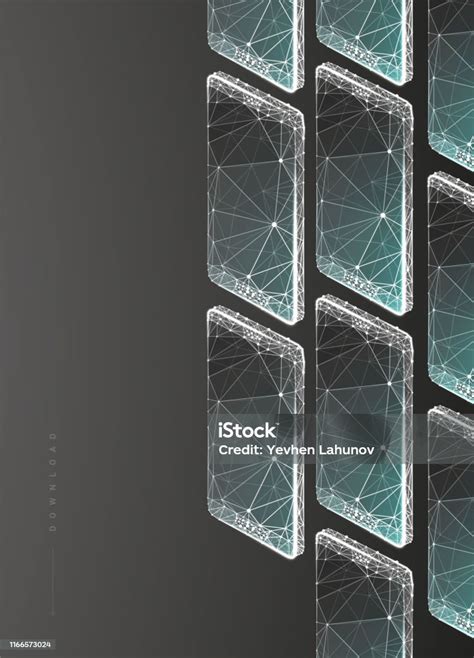 아이소메트릭 스마트폰 또는 휴대폰 어두운 배경에 격리 된 다각형 와이어 프레임 조성 기술의 개념 전화를 모의 파티클은 기하학적 실루엣으로 연결됩니다 3차원 형태에 대한 스톡