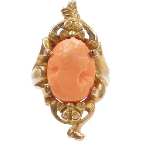 Buy Art Nouveau Carved Angel Skin Coral Cameo Flower Ring Online