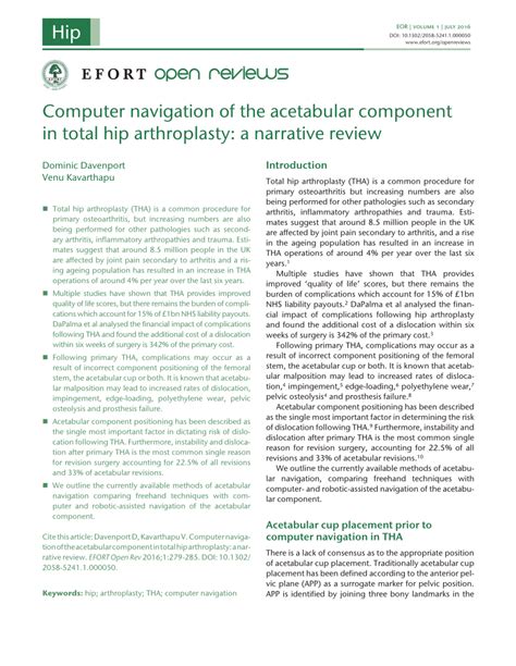 Pdf Computer Navigation Of The Acetabular Component In Total Hip Arthroplasty A Narrative Review