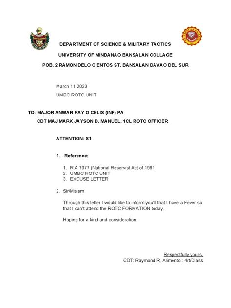 Rotc Excuse Letter Pdf