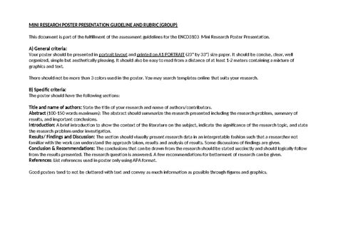Poster Presentation Rubric Mini Research Mini Research Poster Presentation Guideline And