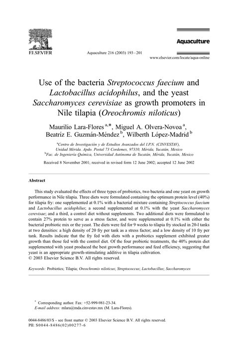 Pdf Use Of The Bacteria Streptococcus Faecium And Lactobacillus Acidophilus And The Yeast