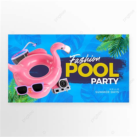 플라밍고 수영 원 카메라 식물 잎 여름 수영장 팝업 파티 배너 템플릿 Psd 다운로드 디자인 자료 다운로드
