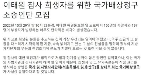민주당 인사 이태원 참사 국가배상청구 집단소송 나서