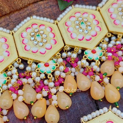 Peach Colour Meenakari Choker Necklace Set For Lehenga