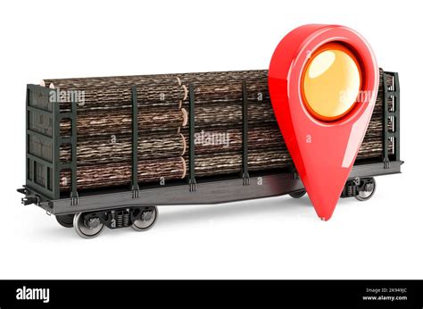 freight wagon with wooden logs with map pointer 3d rendering isolated