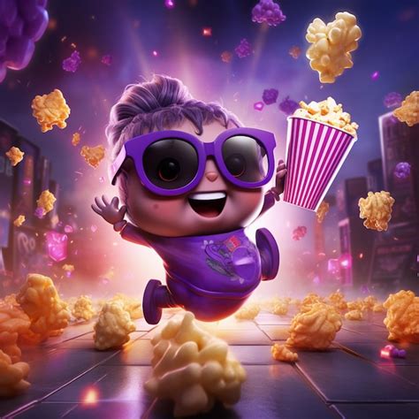 Premium Photo Cartoon Character In Purple Outfit Running With Popcorn