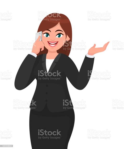 사업가 행복 전화 몸짓 손에 말하기를 공간을 복사 벡터 만화 스타일에서 통신 기술 및 모바일 또는 스마트폰 개념 그림 감정에 대한 스톡 벡터 아트 및 기타 이미지 Istock