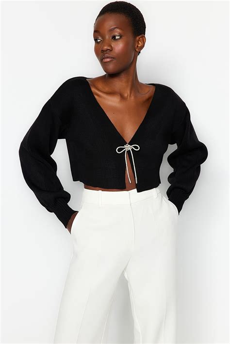Trendyolmilla Siyah Süper Crop Basic Fiyonklu Triko Hırka