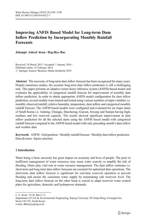 pdf improving anfis based model for long term dam inflow prediction