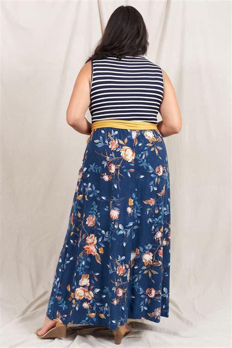 Navy Stripe Sleeveless Floral Maxi Dress With Mustard Sash Plus éloges