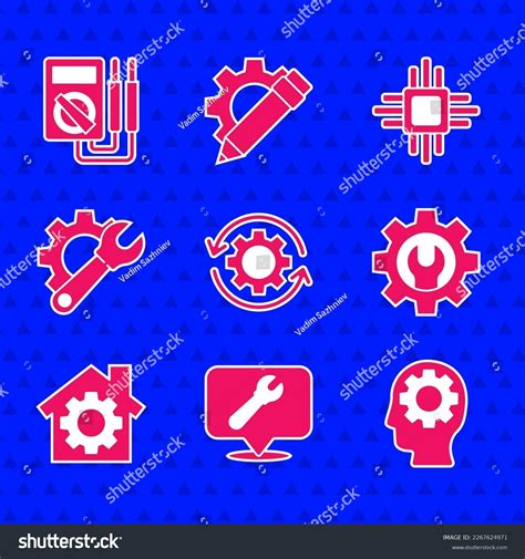 Set Gear Arrows Workflow Location Wrench Stock Vector Royalty Free