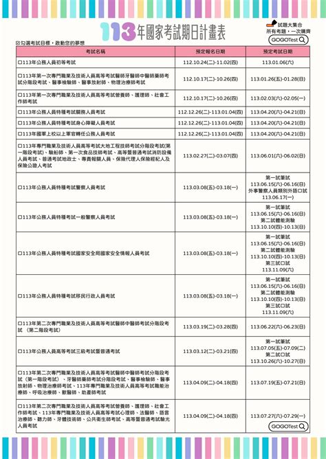 113年國家考試期日計畫表 電子檔 GOGOTest試題大集合