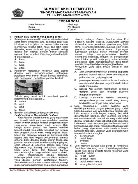 soal sas prakarya kelas 7 kurmer tapel 2023 2024 pdf