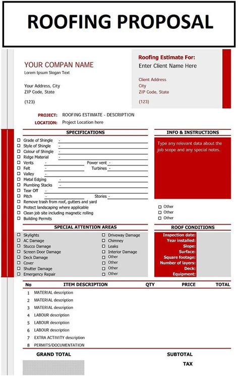 Roofing Proposal Template Roofing Estimation Form Roofing Job