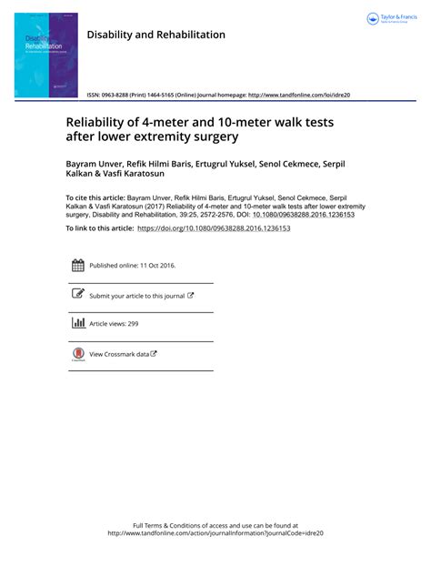 Pdf Reliability Of 4 Meter And 10 Meter Walk Tests After Lower Extremity Surgery