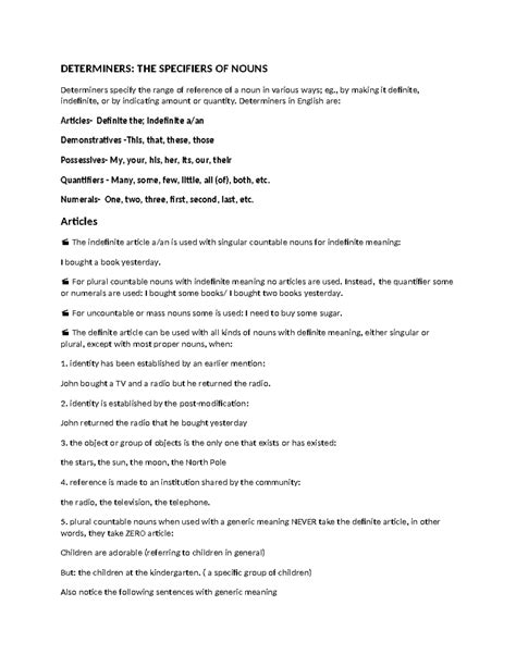 Determiners Note Second Year Note Determiners The Specifiers Of