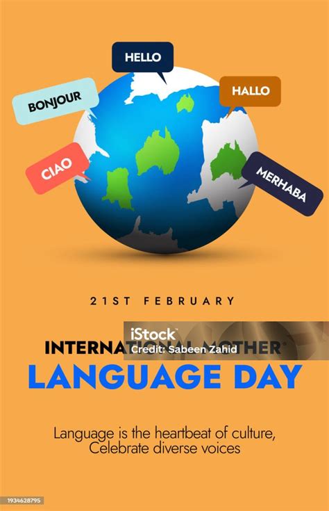 국제 모국어의 날 2 월 21 일 언어 의 날 축하 지구 지구본 아이콘과 말풍선 다른 언어로 된 인사말 레이블 안녕하세요 Ciao Bonjour Hallo와 함께 이야기