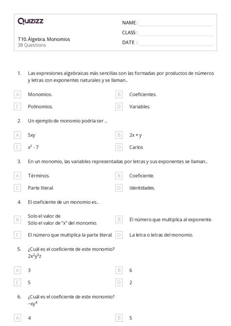 Hojas De Trabajo Gratuitas De álgebra