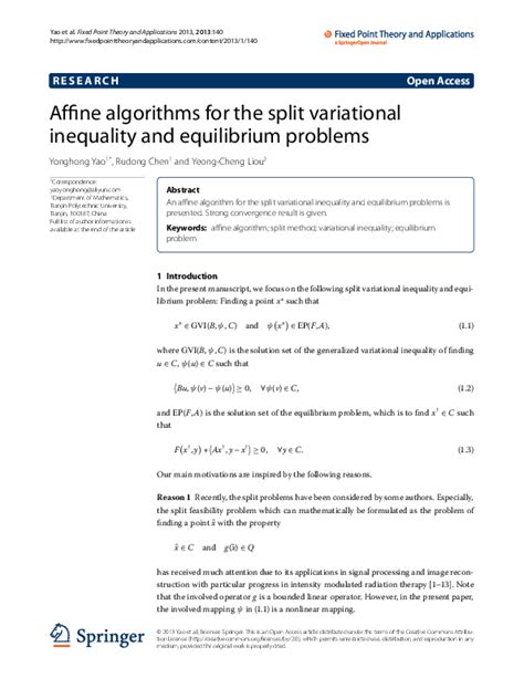 Pdf Affine Algorithms For The Split Variational Inequality And